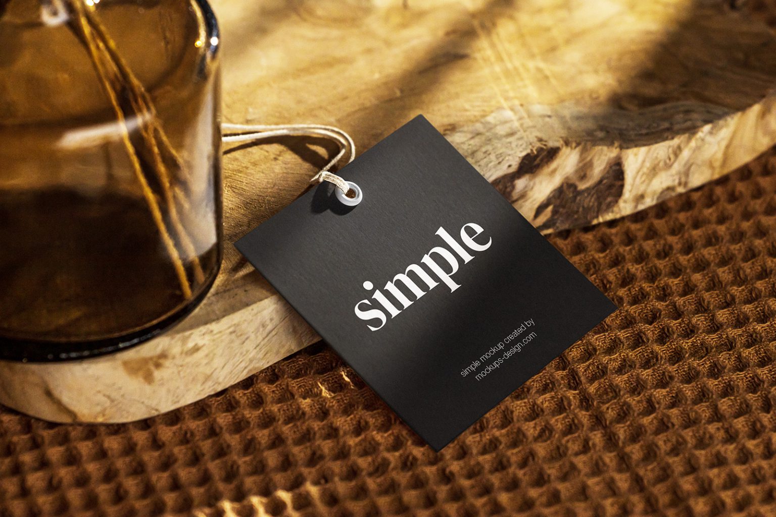 Square label tag on wooden slice mockup - Mockups Design