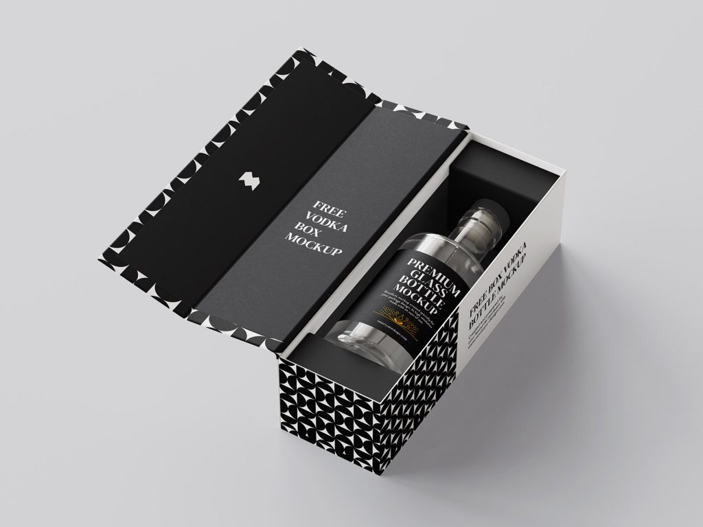 Vodka bottle in box mockup - Mockups Design